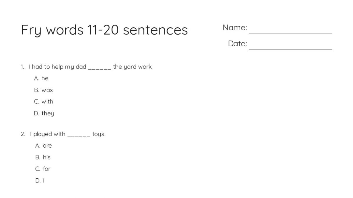Fry words 11-20 sentences - My Worksheet Maker: Create Your Own Worksheets