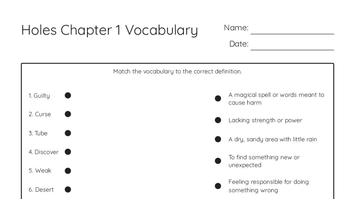Holes Chapter 1 Vocabulary - My Worksheet Maker: Create Your Own Worksheets