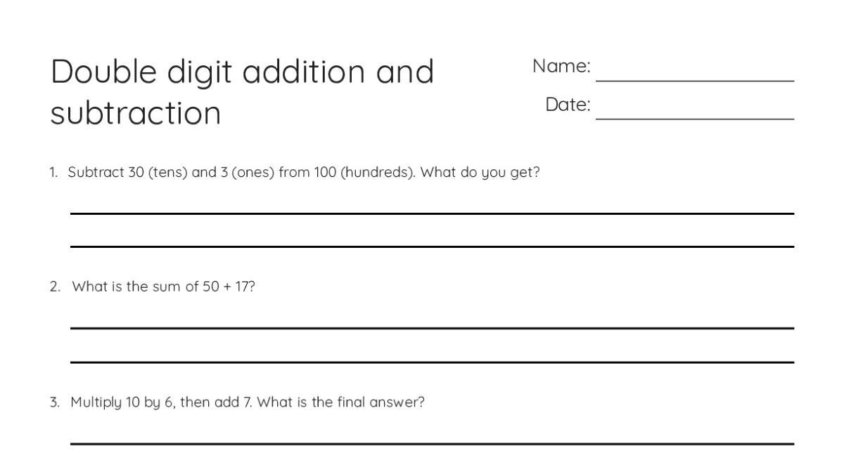 Double digit addition and subtraction - My Worksheet Maker: Create Your ...