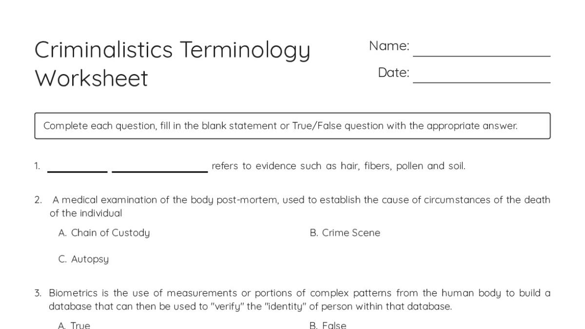 Criminalistics Terminology Worksheet - My Worksheet Maker: Create Your ...