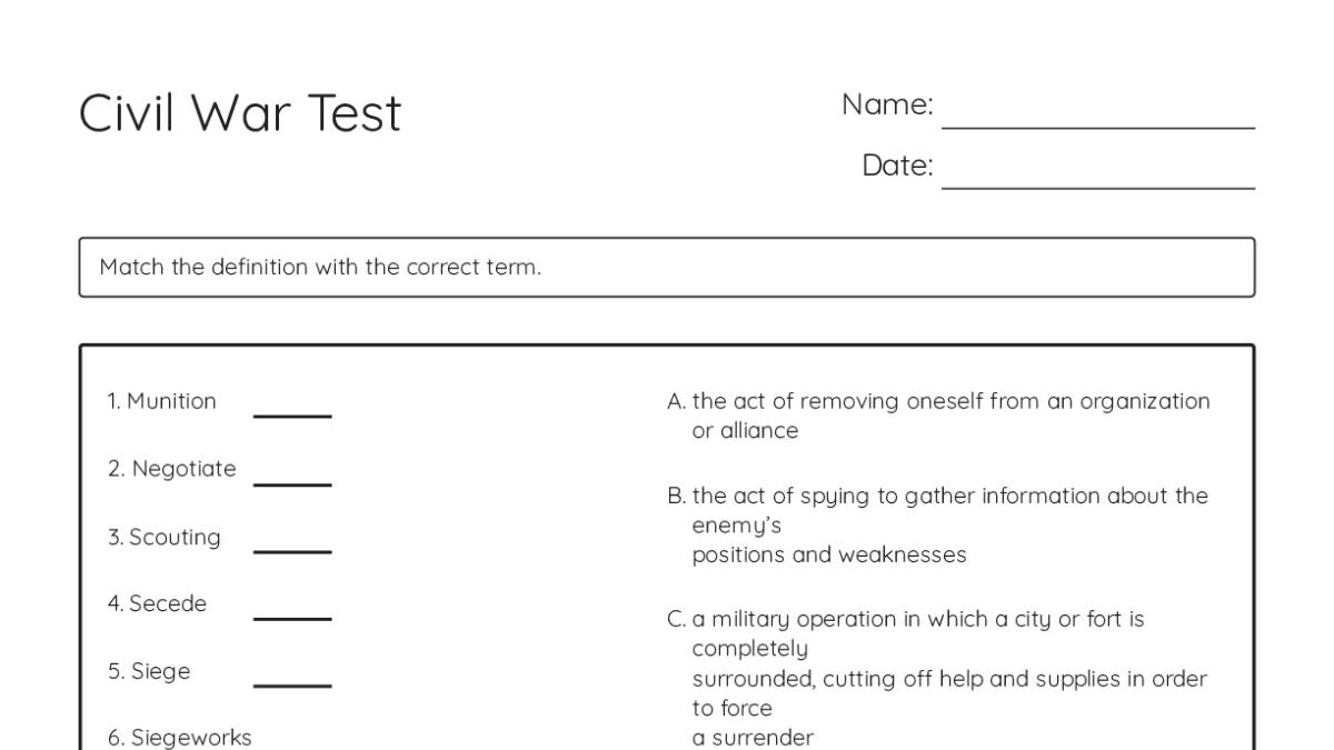 Civil War Test - My Worksheet Maker: Create Your Own Worksheets