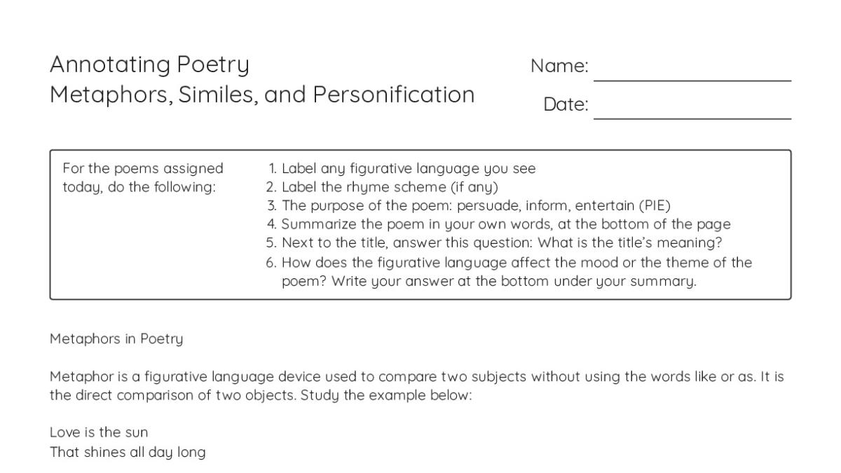 Annotating Poetry Metaphors, Similes, and Personification - My ...