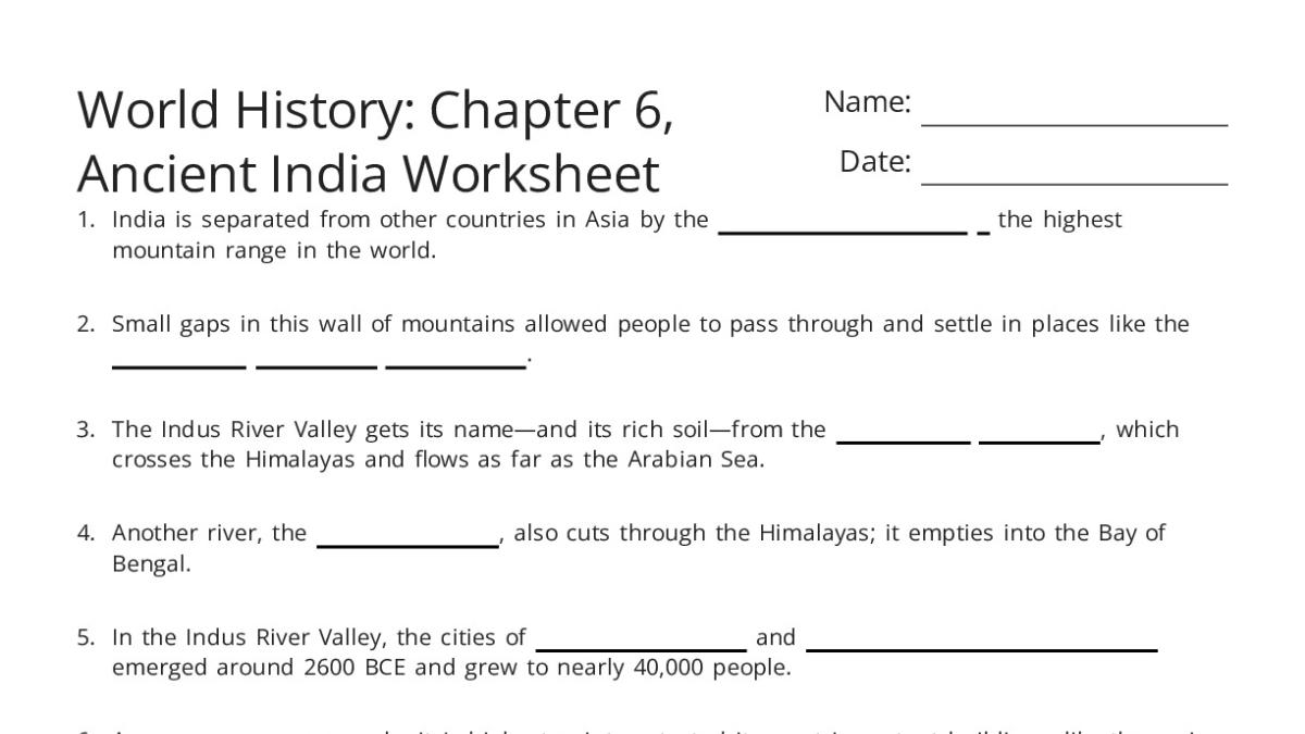 World History: Chapter 6, Ancient India Worksheet - My Worksheet Maker ...