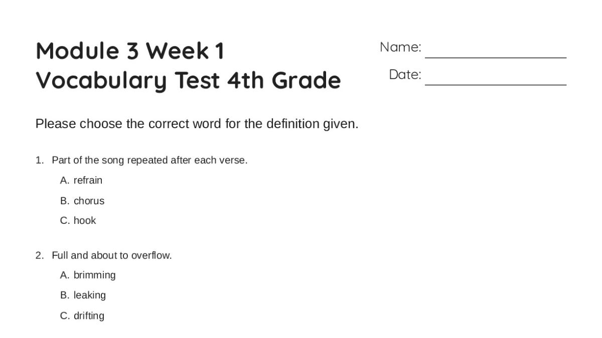 Module 3 Week 1 Vocabulary Test 4th Grade - My Worksheet Maker: Create ...