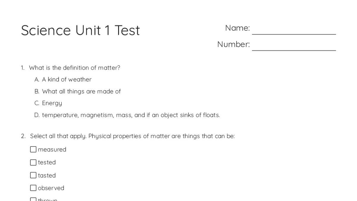 Science Unit 1 Test - My Worksheet Maker: Create Your Own Worksheets