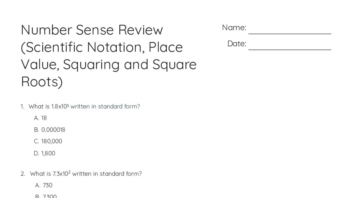 Number Sense Review (Scientific Notation, Place Value, Squaring and ...