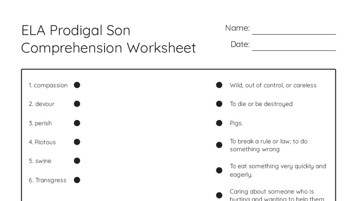 ELA Prodigal Son Comprehension Worksheet - My Worksheet Maker: Create ...