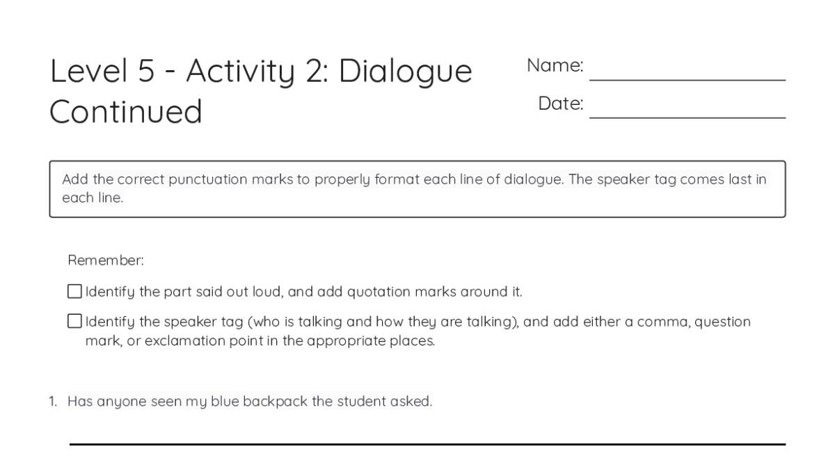 Level 5 - Activity 2: Dialogue Continued - My Worksheet Maker: Create ...