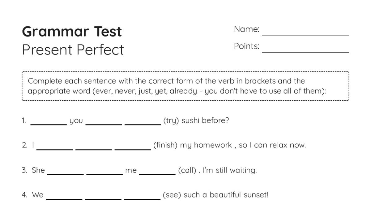 Grammar Test Present Perfect - My Worksheet Maker: Create Your Own ...
