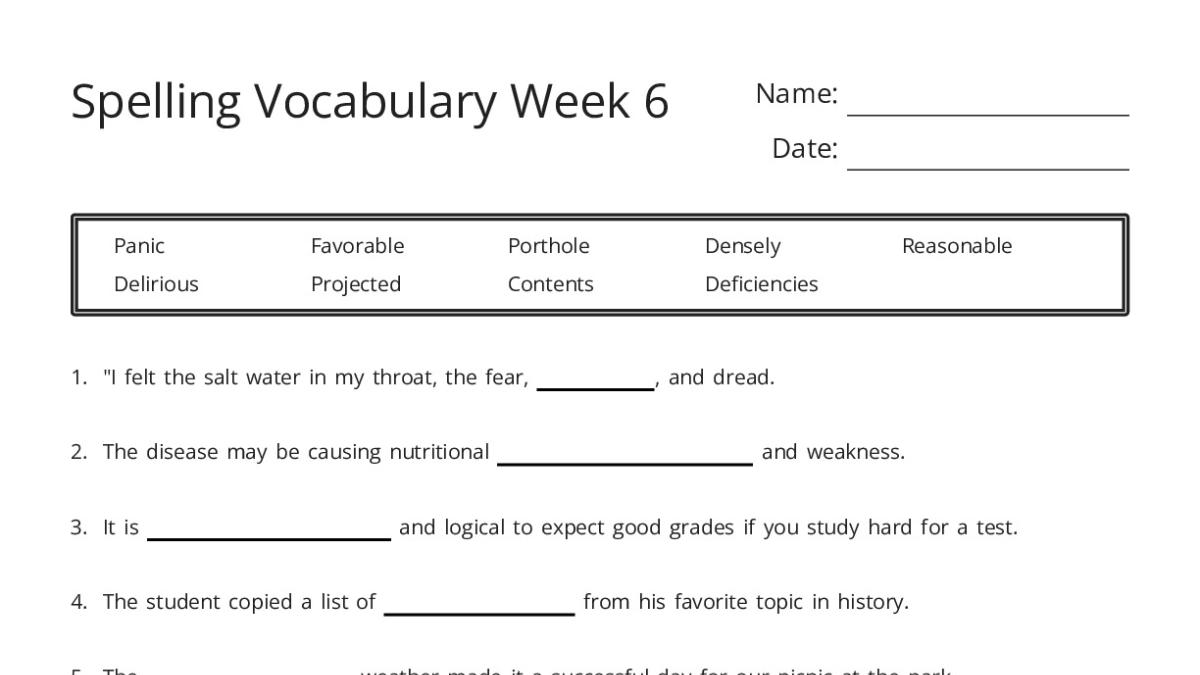 Spelling Vocabulary Week 6 - My Worksheet Maker: Create Your Own Worksheets