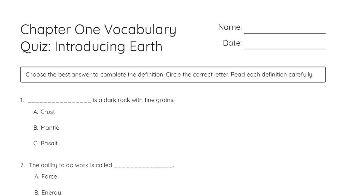 Chapter One Vocabulary Quiz: Introducing Earth - My Worksheet Maker ...