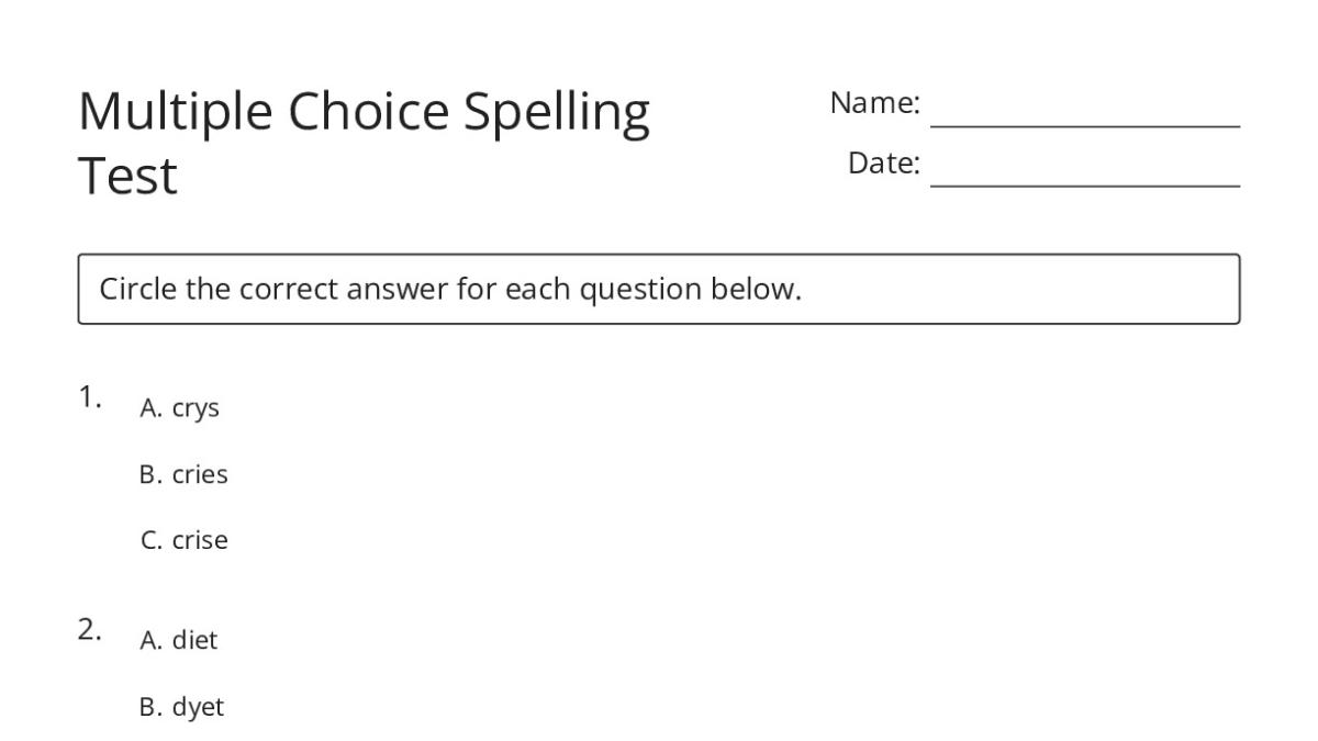 Multiple Choice Spelling Test - My Worksheet Maker: Create Your Own ...