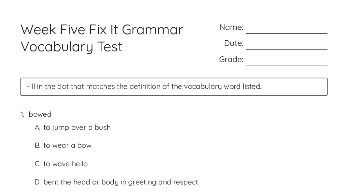 Week Five Fix It Grammar Vocabulary Test - My Worksheet Maker: Create ...