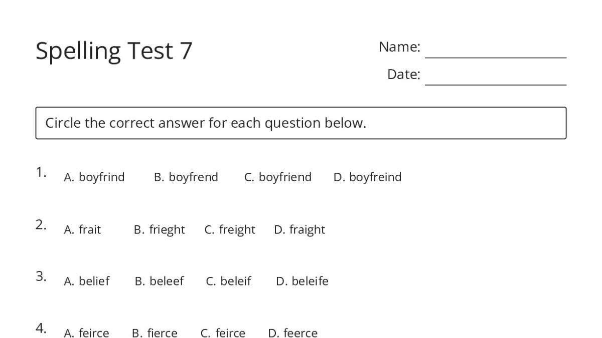 Spelling Test 7 - My Worksheet Maker: Create Your Own Worksheets