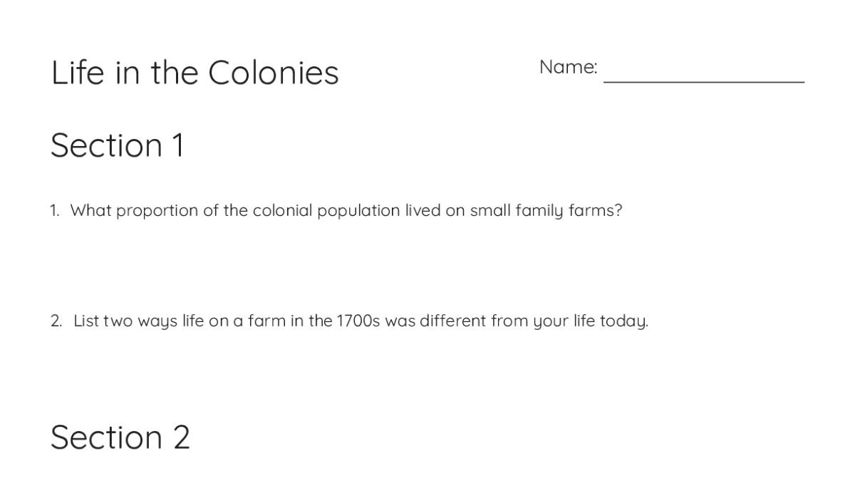 Life in the Colonies - My Worksheet Maker: Create Your Own Worksheets