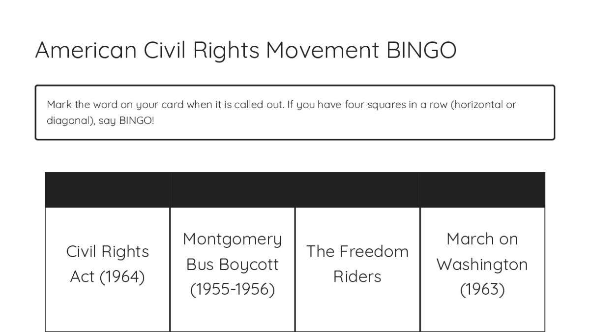 American Civil Rights Movement BINGO - My Bingo Maker: Create Your Own ...