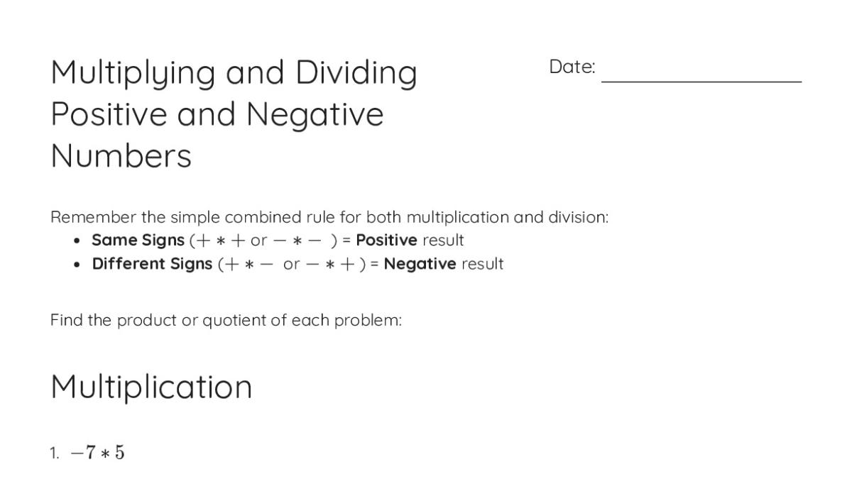 Multiplying and Dividing Positive and Negative Numbers - My Worksheet ...