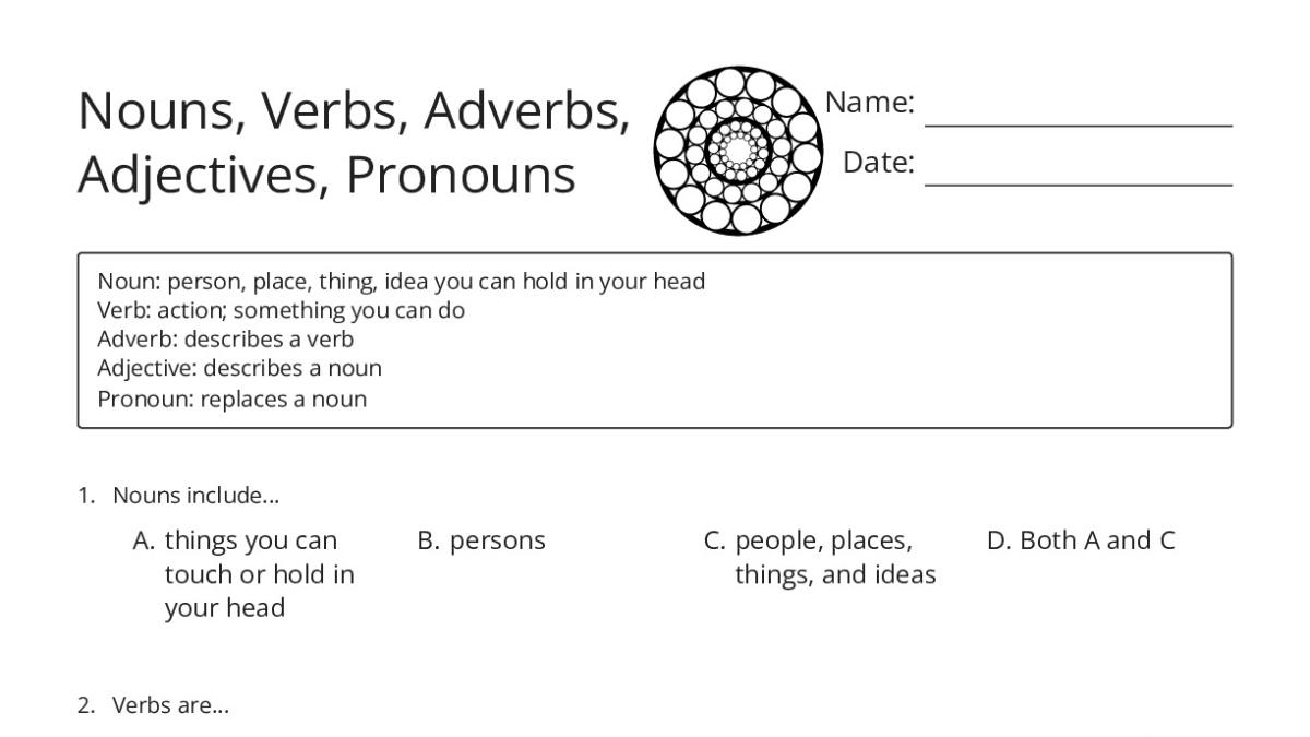 Nouns, Verbs, Adverbs, Adjectives, Pronouns - My Worksheet Maker ...