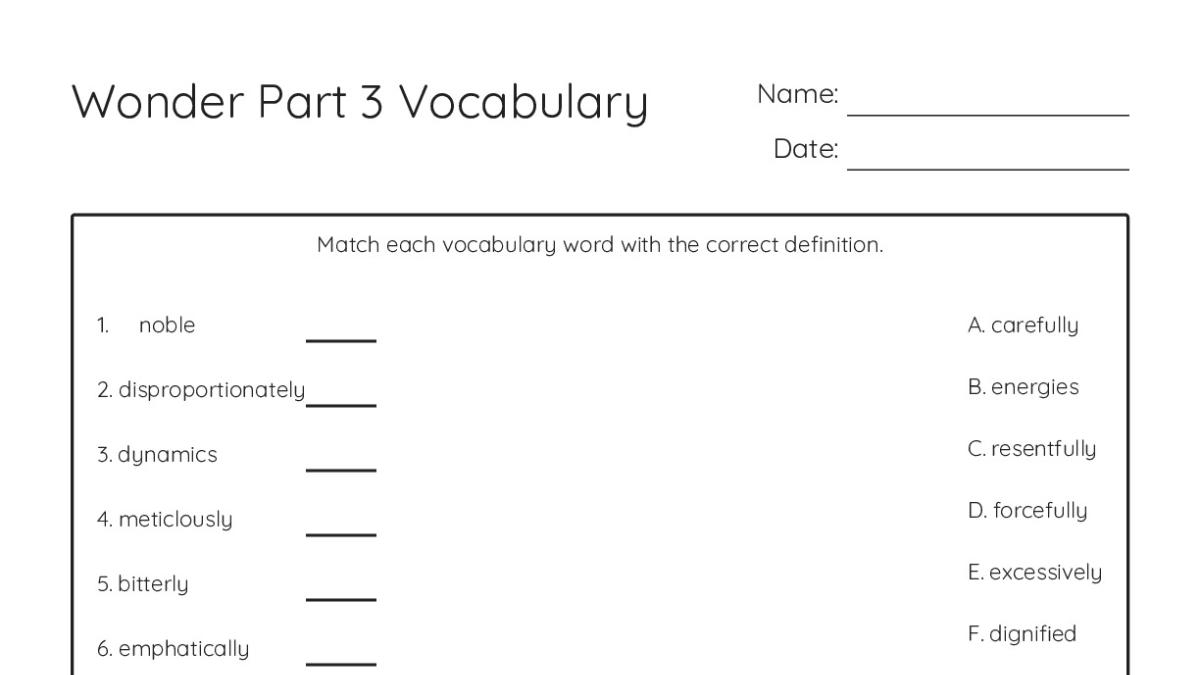 Wonder Part 3 Vocabulary - My Worksheet Maker: Create Your Own Worksheets