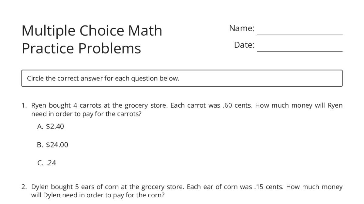 Multiple Choice Math Practice Problems - My Worksheet Maker: Create ...