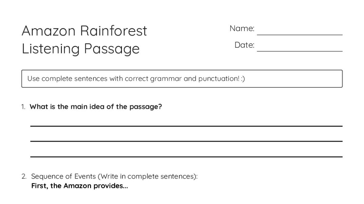 Amazon Rainforest Listening Passage - My Worksheet Maker: Create Your ...