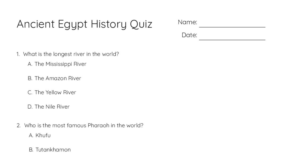 Ancient Egypt History Quiz - My Worksheet Maker: Create Your Own Worksheets
