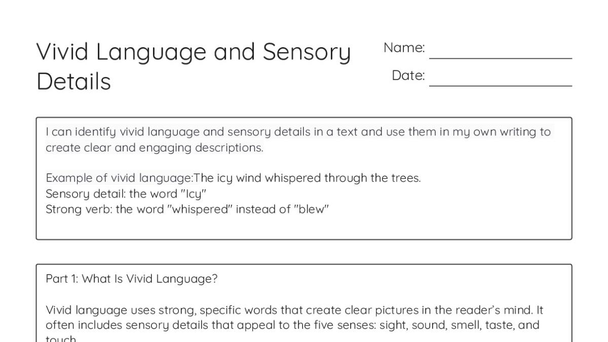 Vivid Language and Sensory Details - My Worksheet Maker: Create Your ...