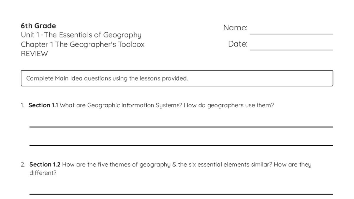6th Grade ﻿﻿Unit 1 -The Essentials of Geography Chapter 1 The ...