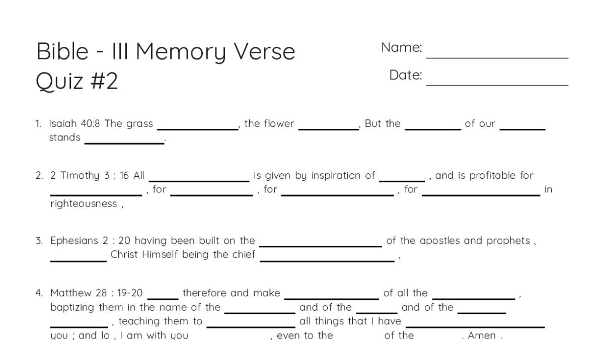 Bible - III Memory Verse Quiz #2 - My Worksheet Maker: Create Your Own ...