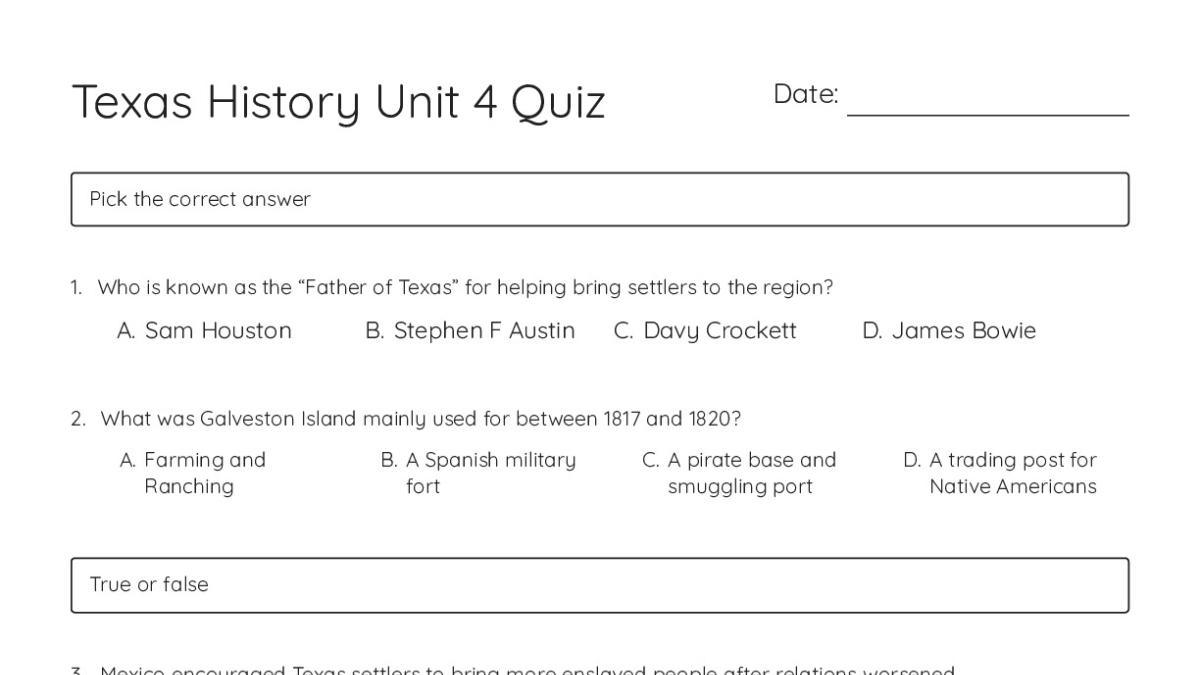 Texas History Unit 4 Quiz - My Worksheet Maker: Create Your Own Worksheets