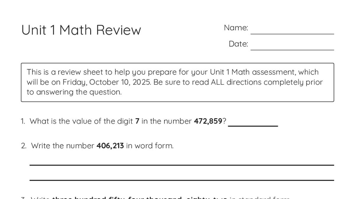 Unit 1 Math Review - My Worksheet Maker: Create Your Own Worksheets