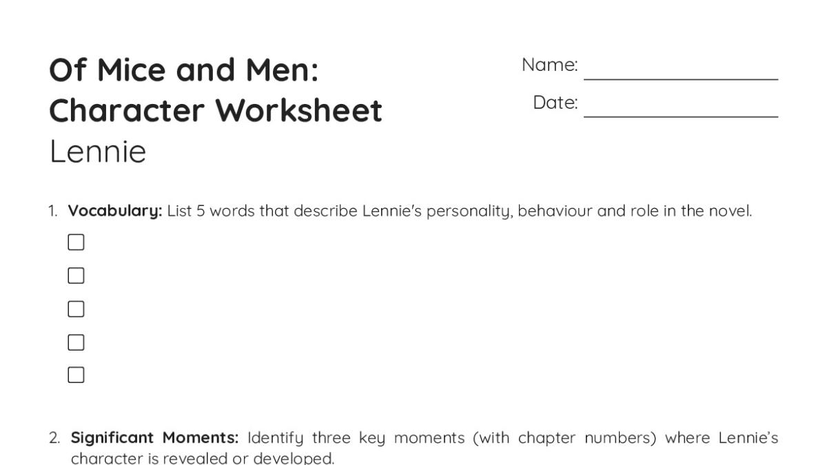 Of Mice and Men: Character Worksheet Lennie - My Worksheet Maker ...