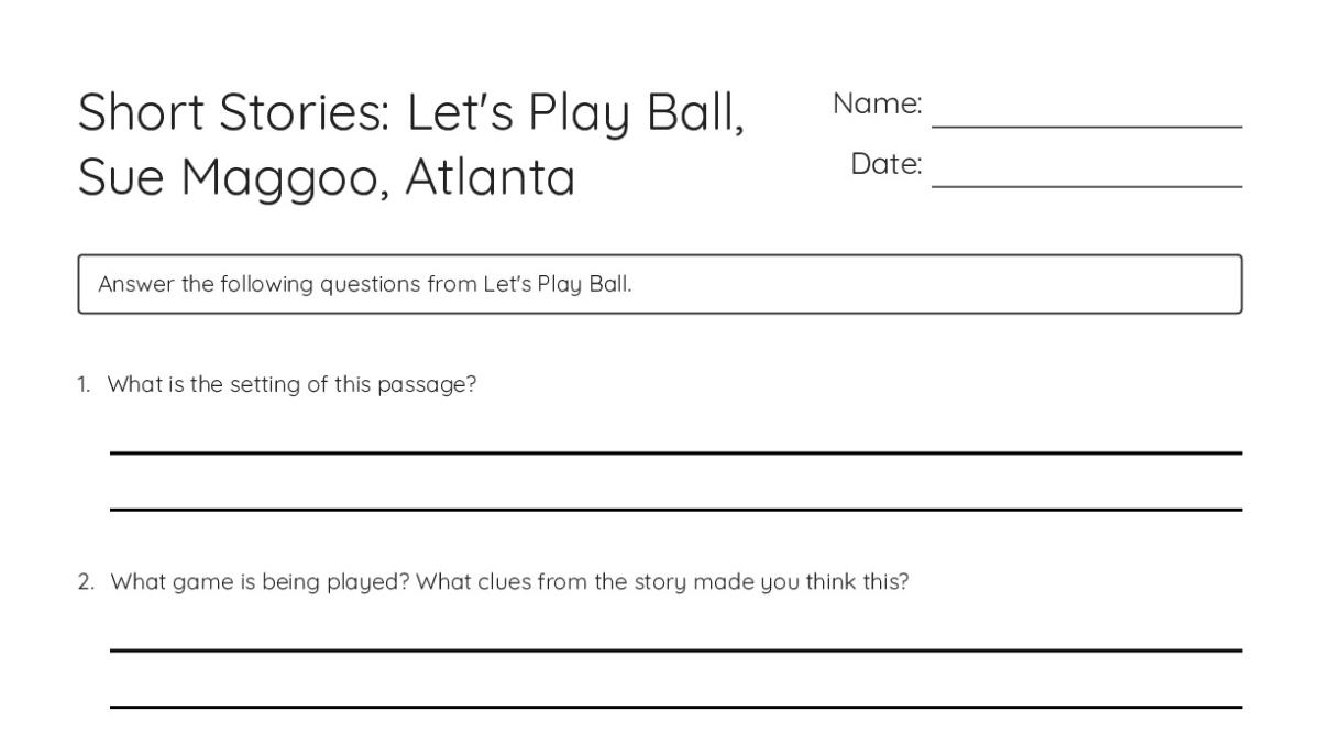 Short Stories: Let's Play Ball, Sue Maggoo, Atlanta - My Worksheet ...