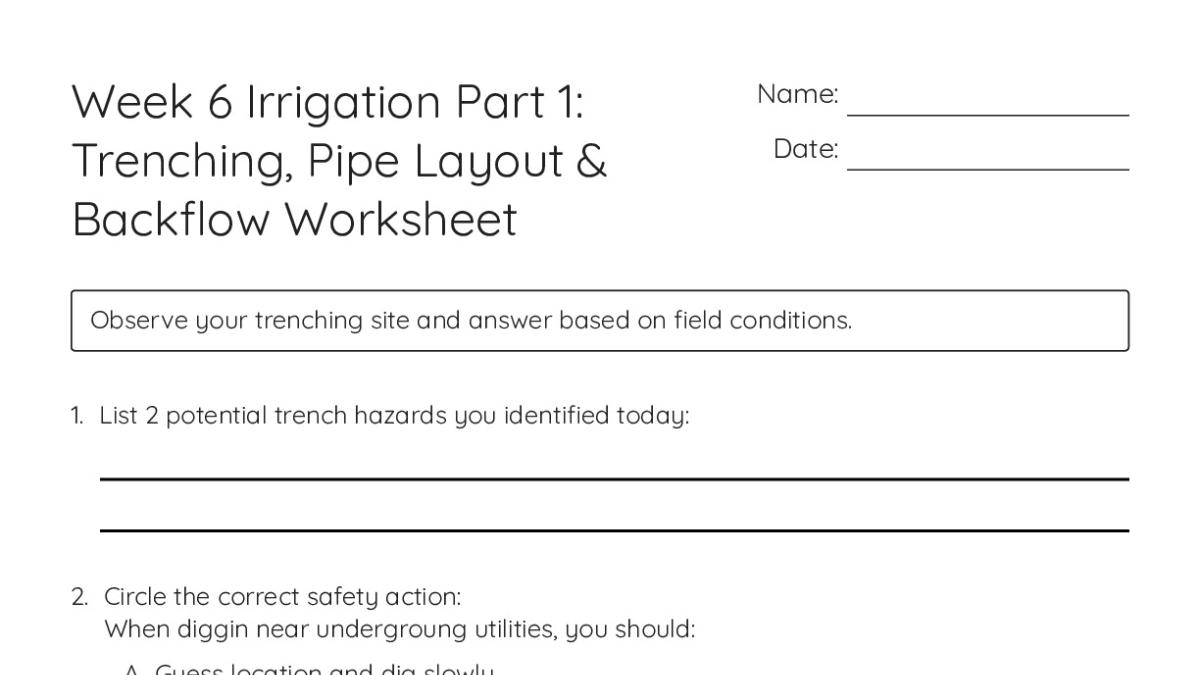 Week 6 Irrigation Part 1: Trenching, Pipe Layout & Backflow Worksheet ...