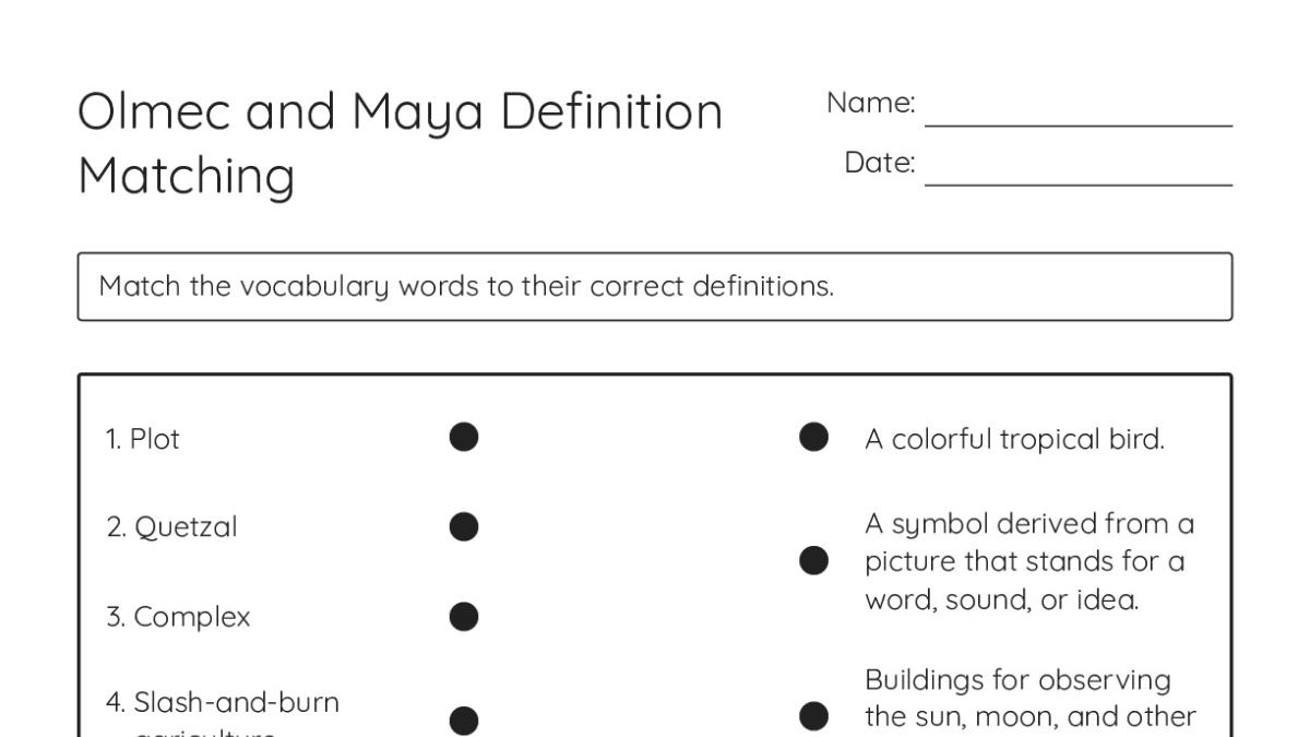 Olmec and Maya Definition Matching - My Worksheet Maker: Create Your ...