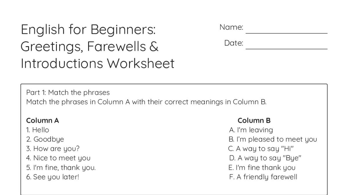 English for Beginners: Greetings, Farewells & Introductions Worksheet ...