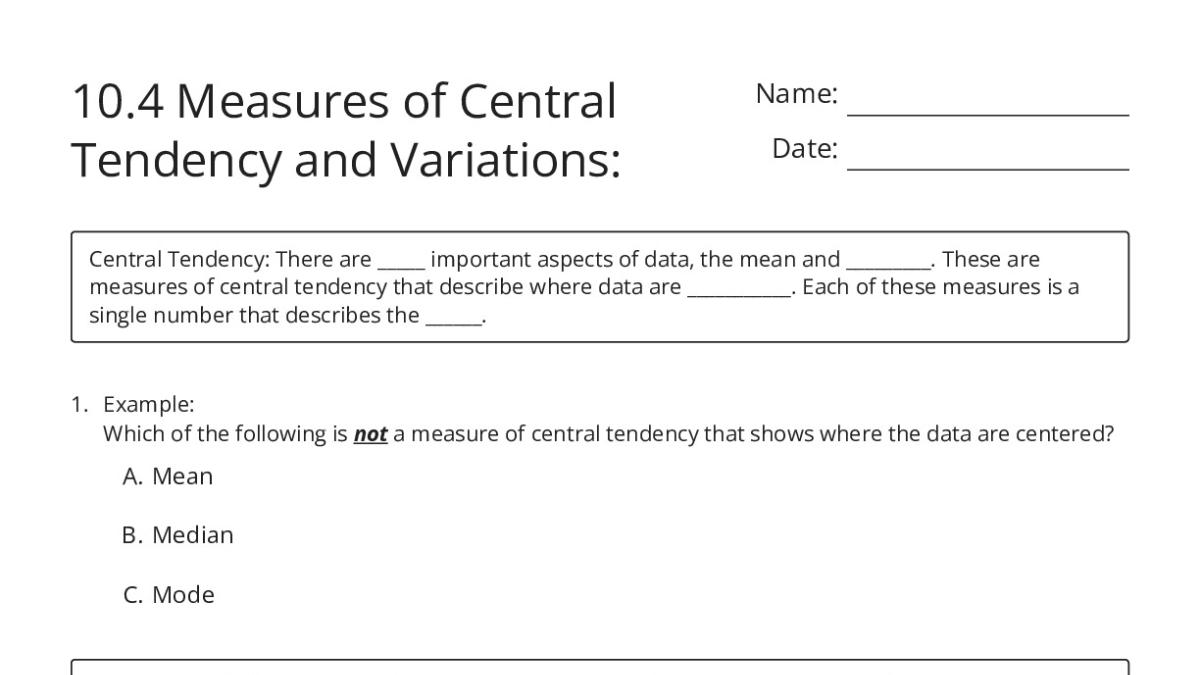 10.4 Measures of Central Tendency and Variations: - My Worksheet Maker ...