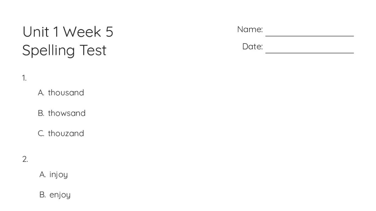 Unit 1 Week 5 Spelling Test - My Worksheet Maker: Create Your Own ...