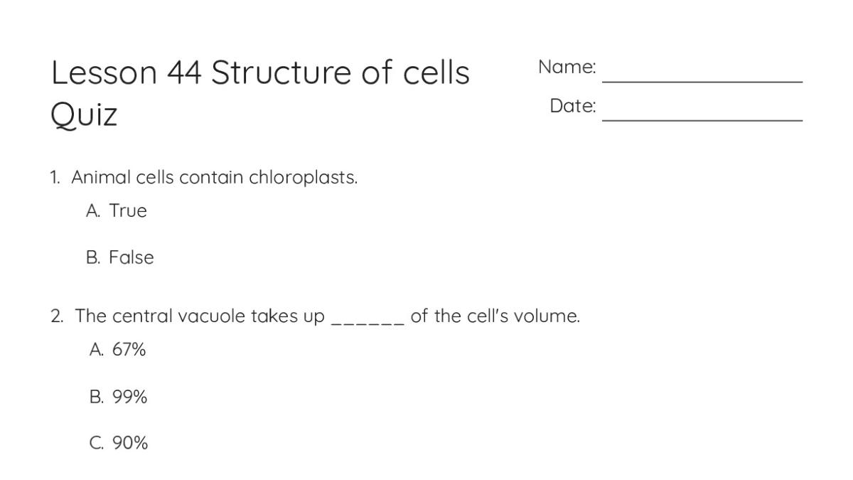 Lesson 44 Structure of cells Quiz - My Worksheet Maker: Create Your Own ...