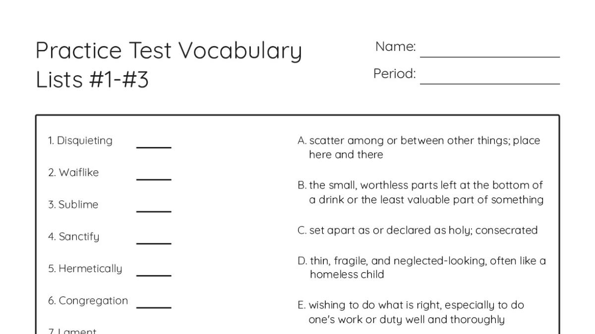 Practice Test Vocabulary Lists #1-#3 - My Worksheet Maker: Create Your ...