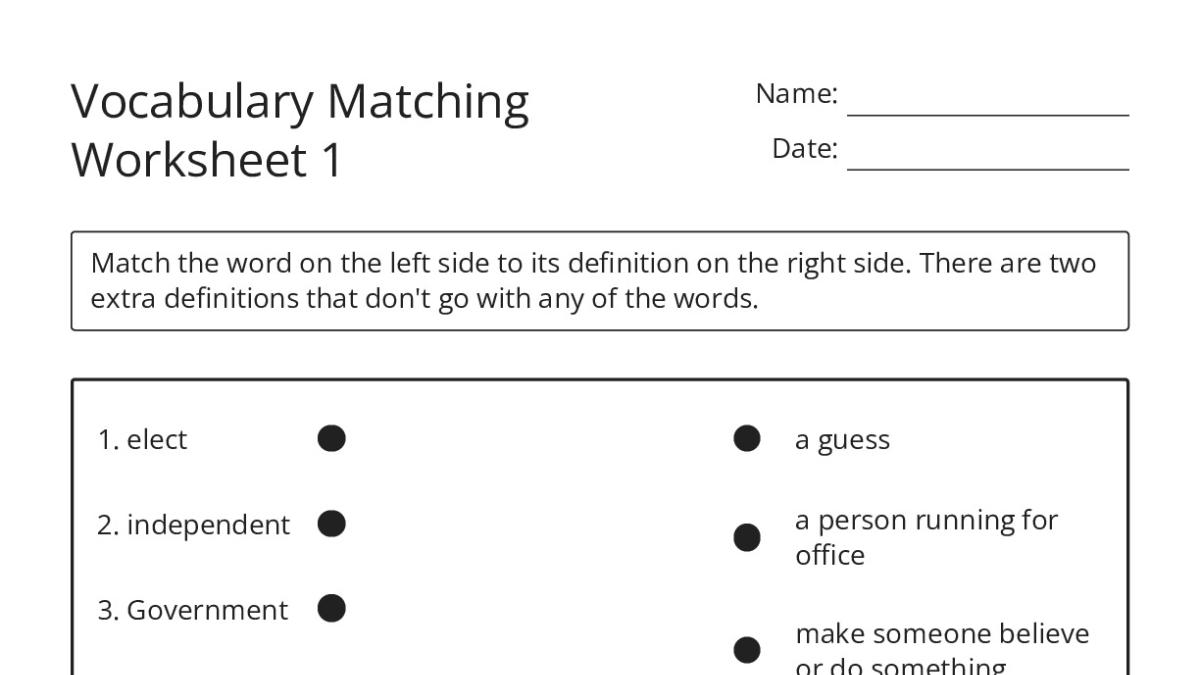 Vocabulary Matching Worksheet 1 - My Worksheet Maker: Create Your Own ...