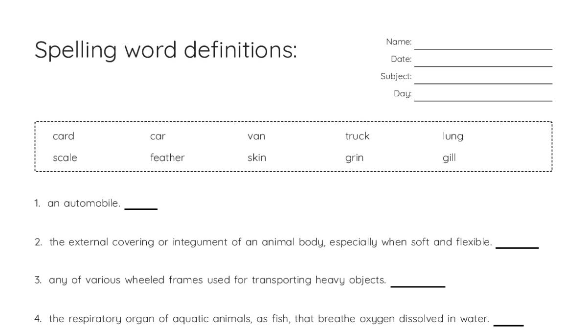 Spelling word definitions: - My Worksheet Maker: Create Your Own Worksheets