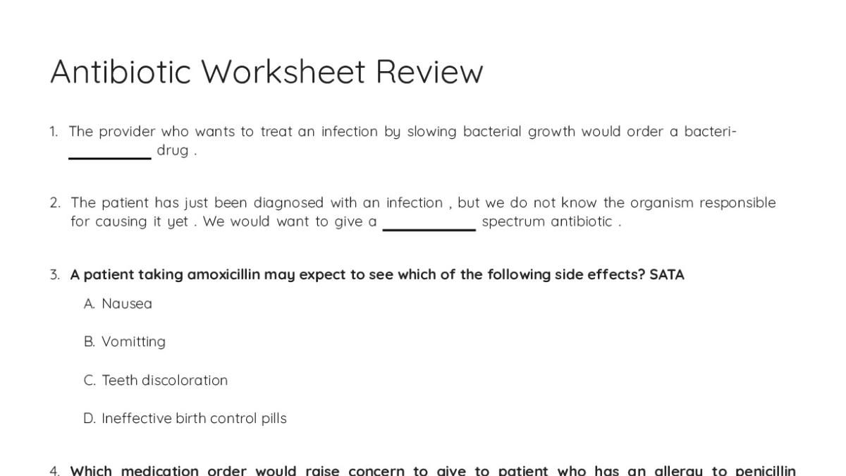 Antibiotic Worksheet Review - My Worksheet Maker: Create Your Own ...