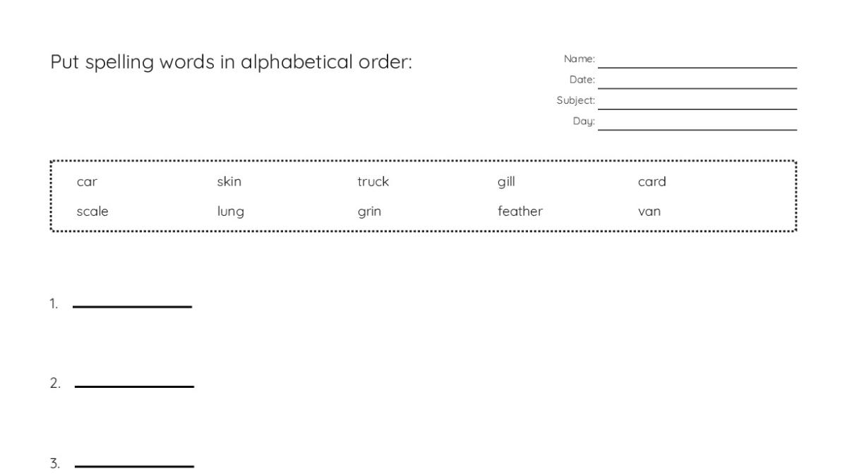 Put spelling words in alphabetical order: - My Worksheet Maker: Create ...