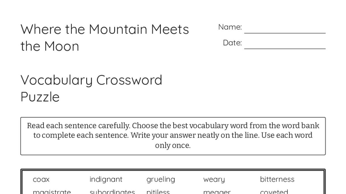 Where the Mountain Meets the Moon Vocabulary Crossword Puzzle - My ...