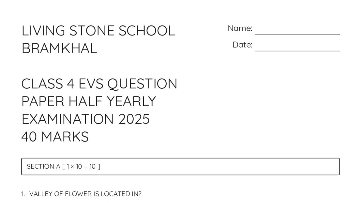 LIVING STONE SCHOOL BRAMKHAL CLASS 4 EVS QUESTION PAPER HALF YEARLY ...