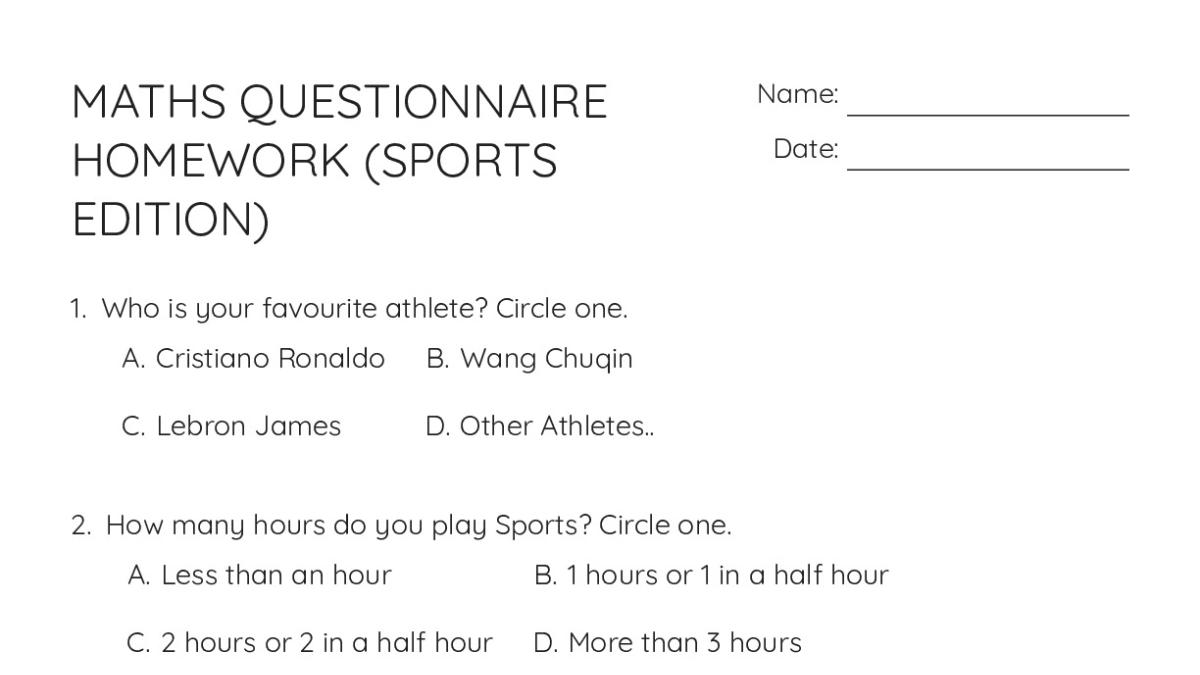 MATHS QUESTIONNAIRE HOMEWORK (SPORTS EDITION) - My Worksheet Maker ...