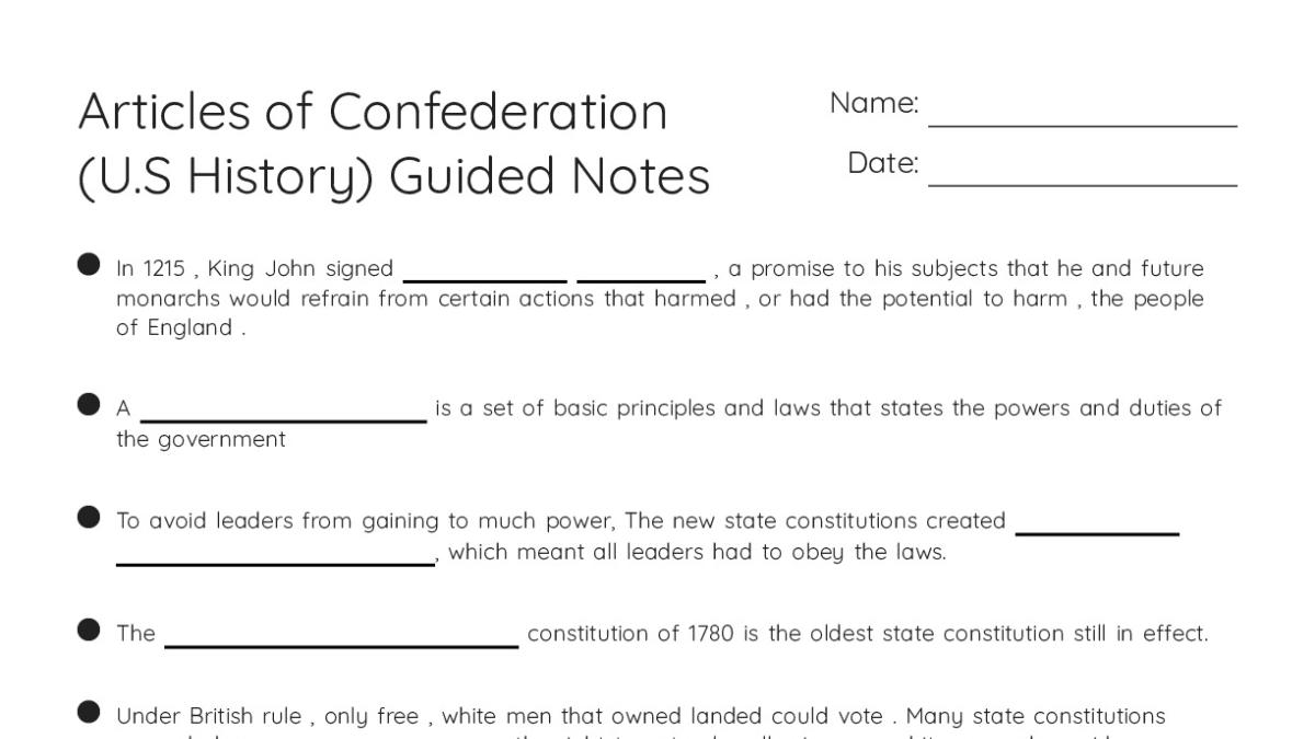 Articles of Confederation (U.S History) Guided Notes - My Worksheet ...