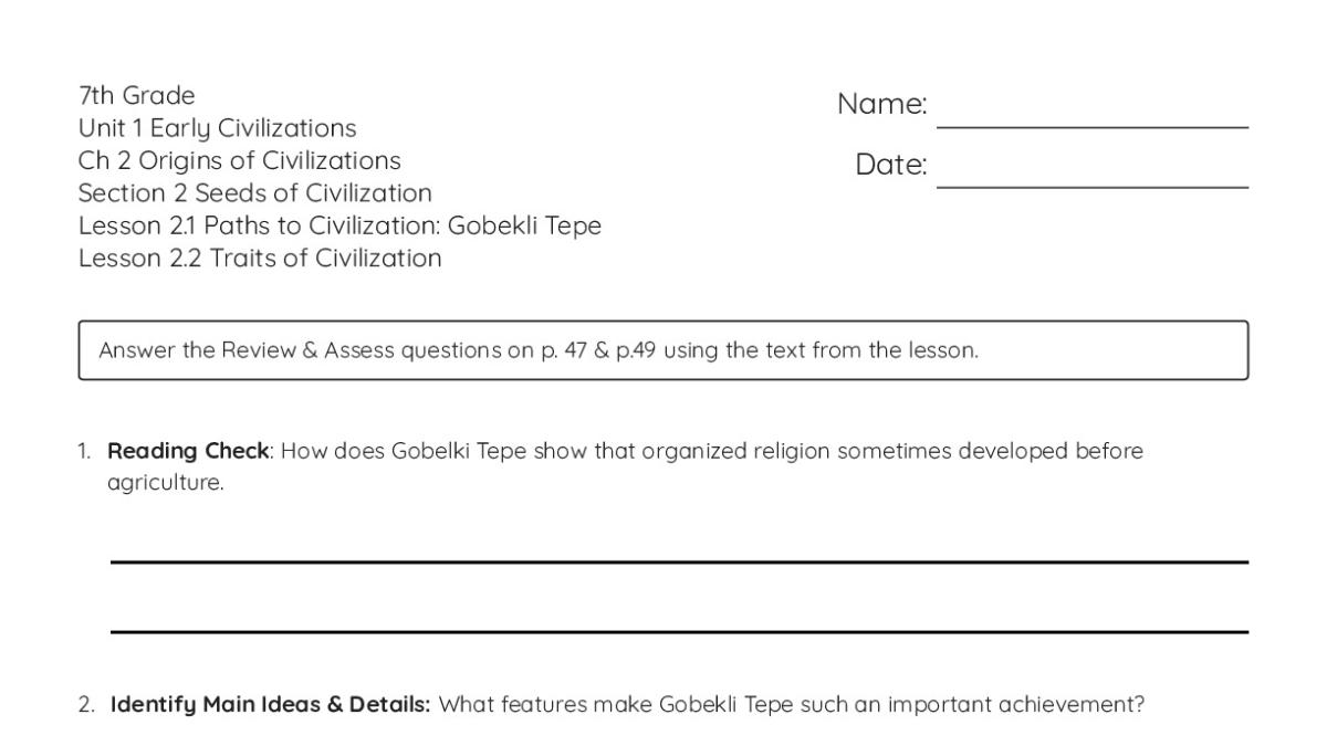 7th Grade Unit 1 Early Civilizations Ch 2 Origins of Civilizations ...