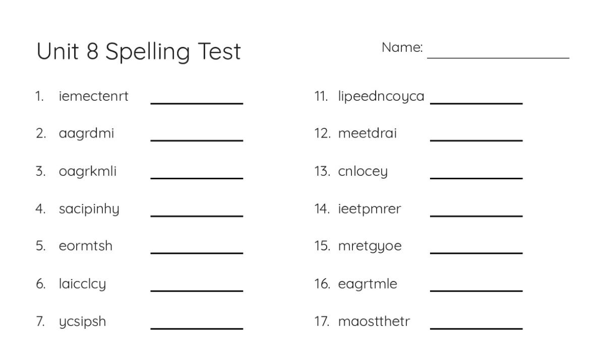 Unit 8 Spelling Test - My Worksheet Maker: Create Your Own Worksheets